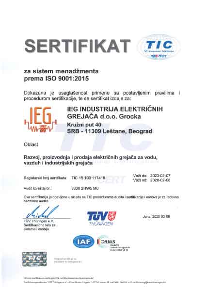 IEG Sertifikati - ISO sertifikati - IEG Industrija električnih grejača